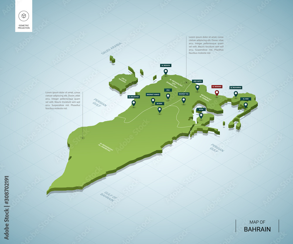 Stylized map of Bahrain. Isometric 3D green map with cities, borders ...