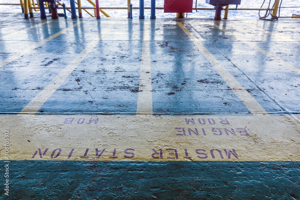 Muster station on board a construction work barge where crews assemble ...