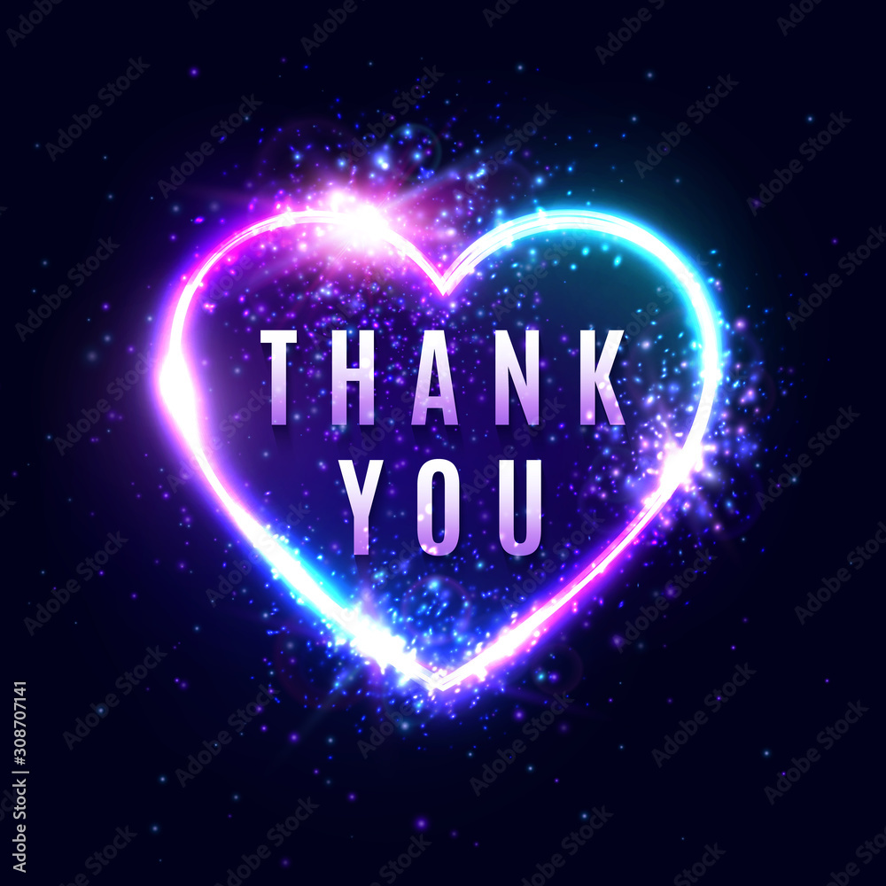 Neon light Thank You sign on dark blue background. Realistic glowing 3d letters in heart shape ...
