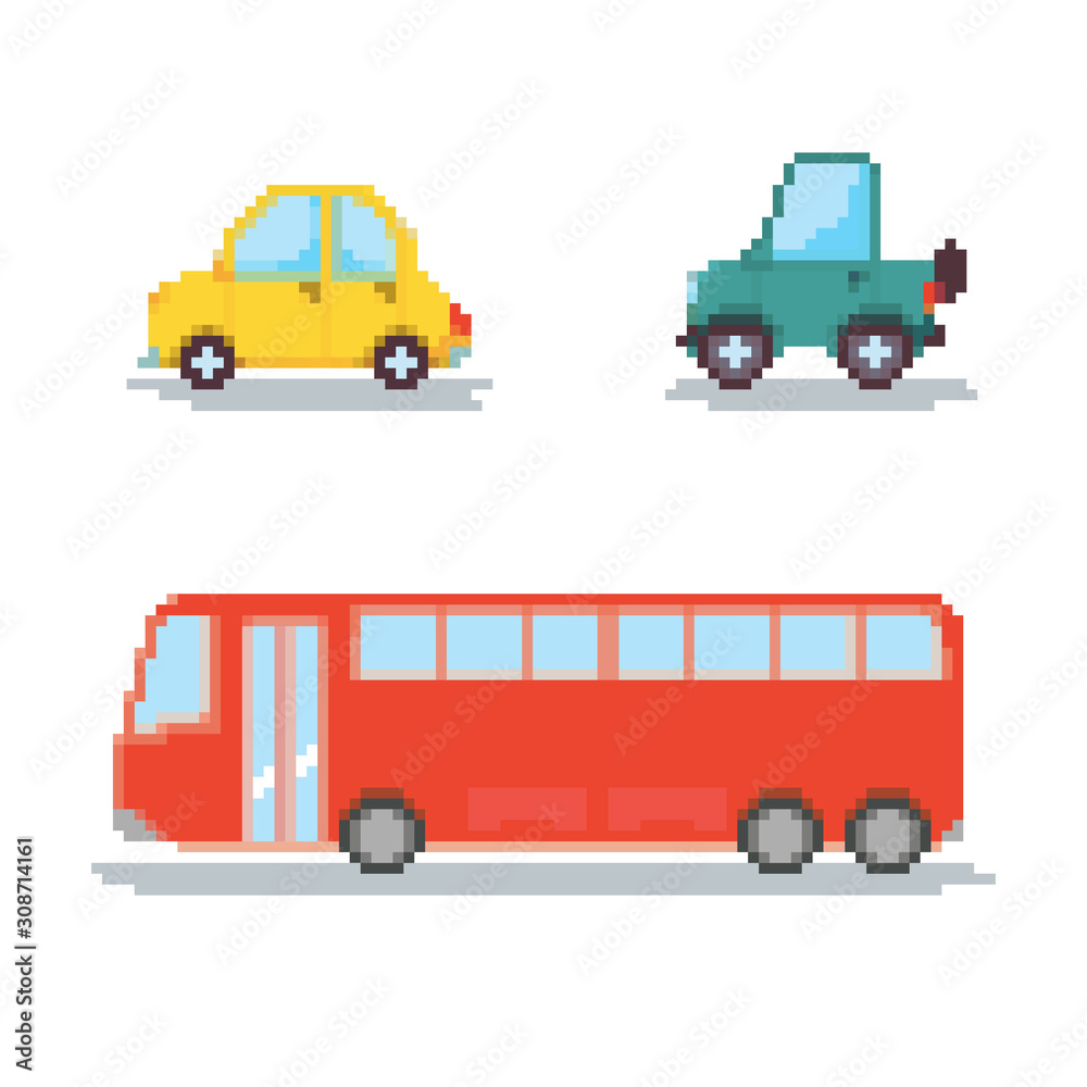 Pixel cartoon cars, bus. Vector set. Pixel art 8 bit. Perfect for ...