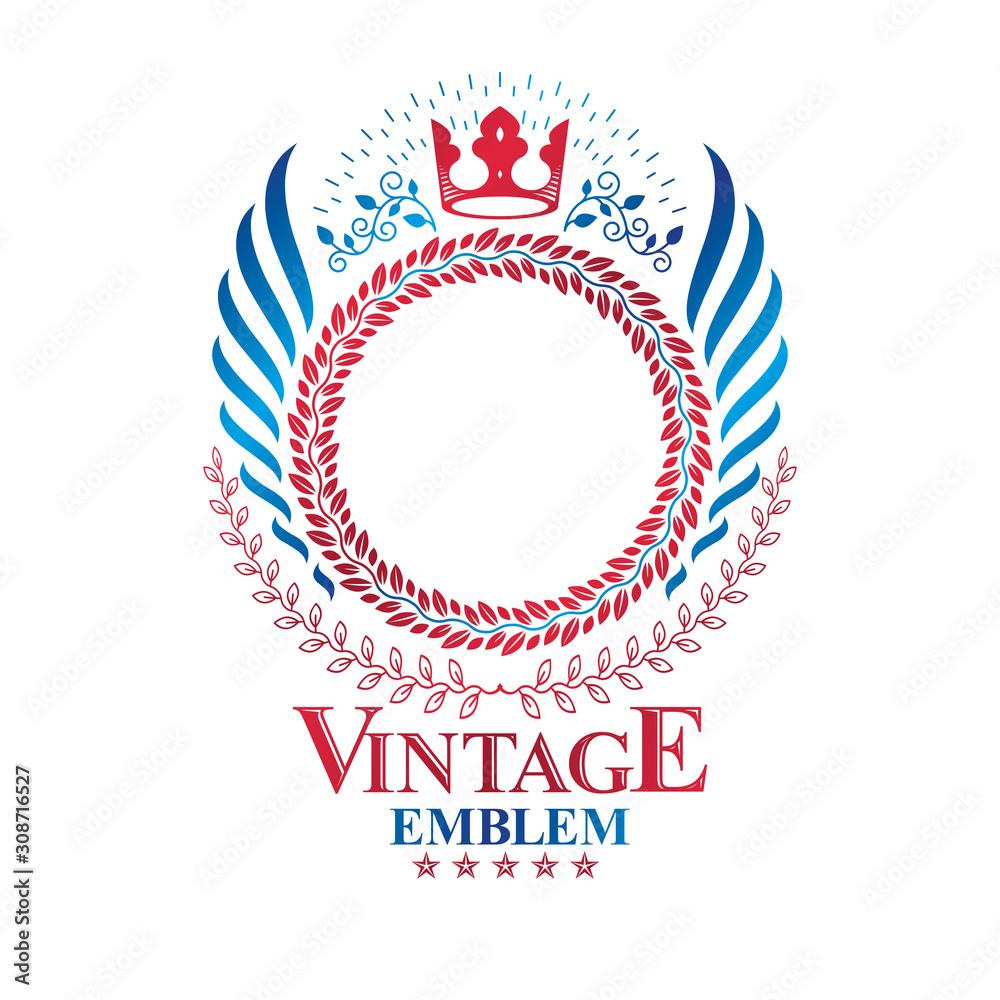 Graphic winged symbol composed with royal crown element and floral ...