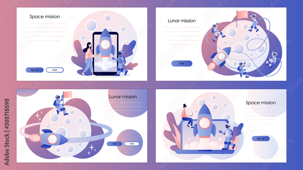 Lunar mission space exploration. Tiny astronauts in space. Screen ...