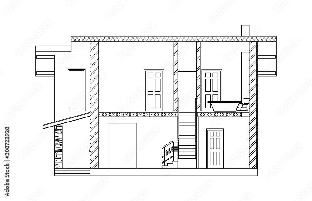Architectural black and white background. Cross-section suburban house ...