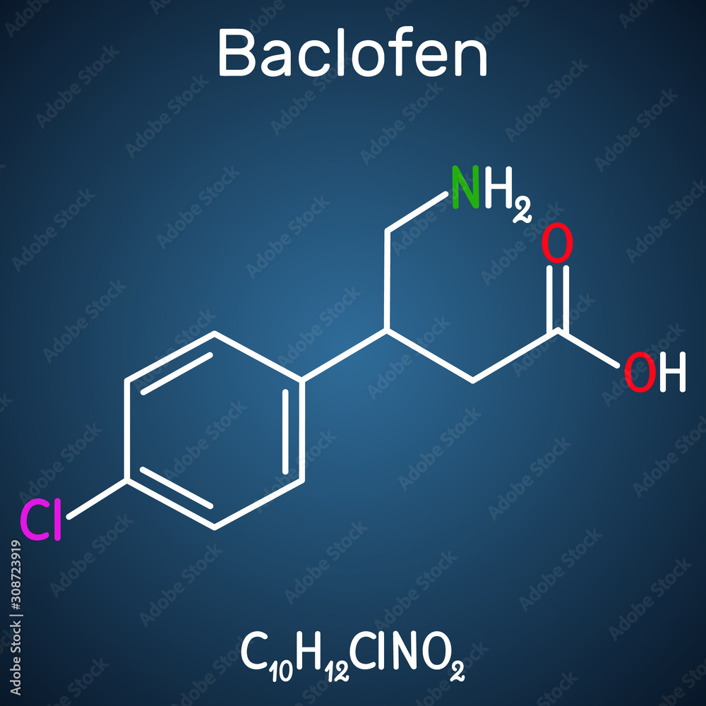 Baclofen molecule C10H12ClNO2, is a medication used to treat muscle ...