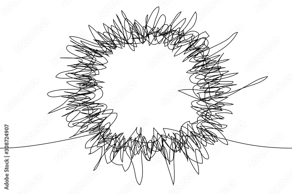 continuous line drawing round frame of chaotic tangled lines on a white ...