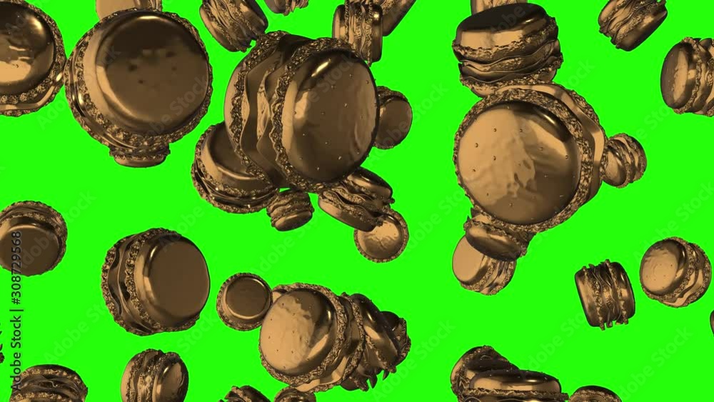 Rain of 3d Gold burgers falling on green screen background. An Elegant ...