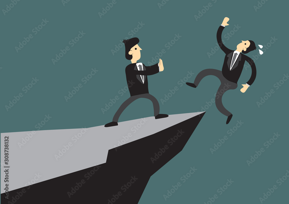 Business man pushing his competitor off the cliff. Concept of ...