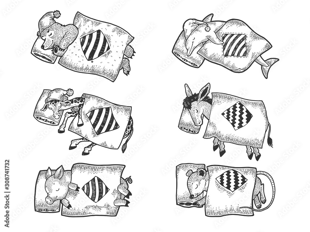 Cartoon funny sleeping animals set sketch engraving vector illustration ...