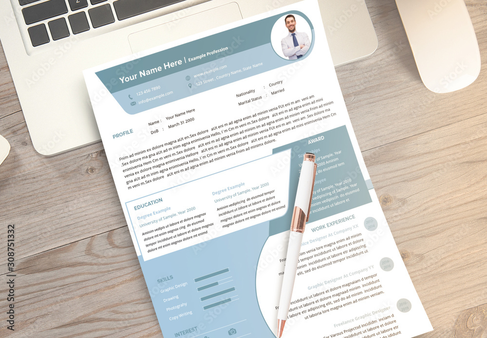 Resume Layout with Light Blue Accents Stock Template | Adobe Stock