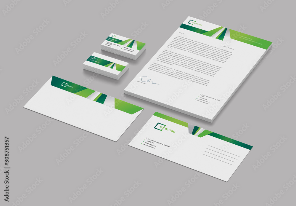 Stationery Layout Set with Green Geometric Elements Stock Template ...