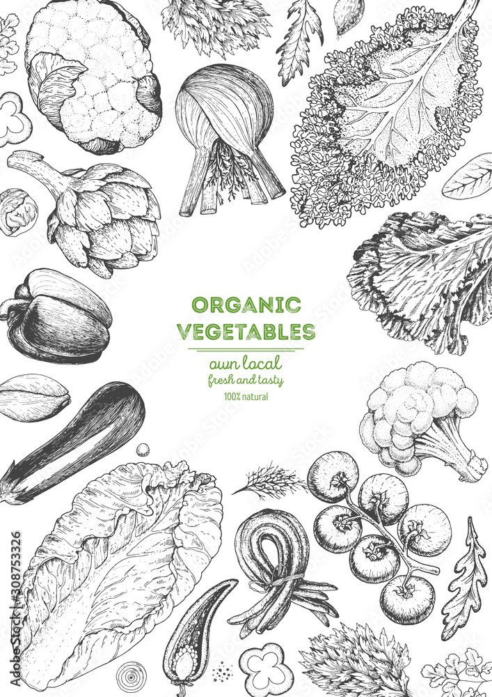 Vegetables top view frame. Farmers market menu design template. Organic ...