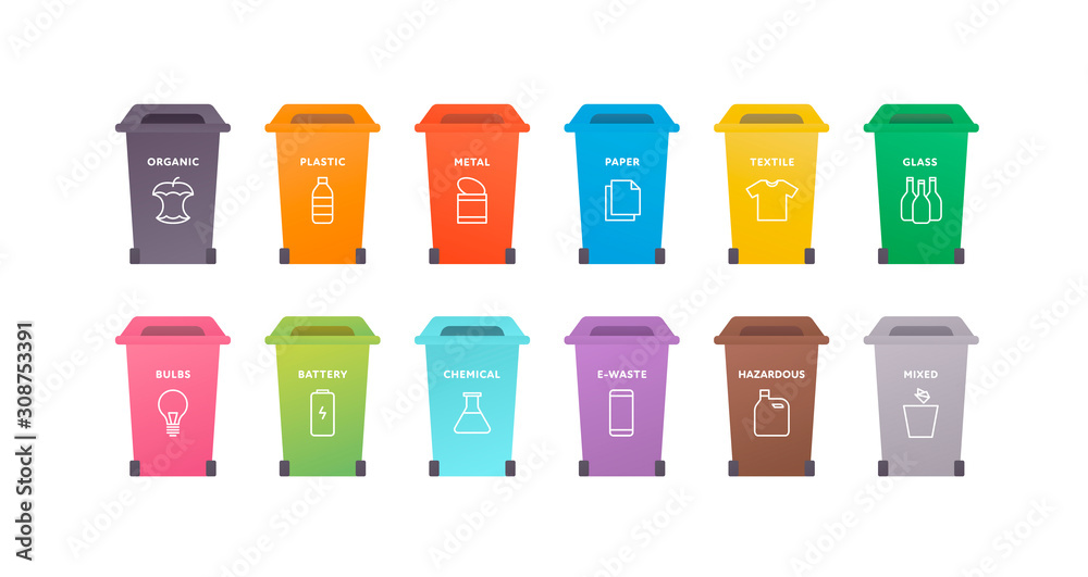 Sorting waste ecology concept. Vector flat llustration. Color trash bin ...