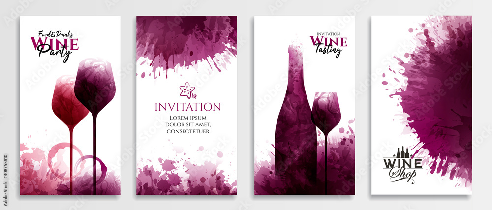 Templates with wine designs. Red wine stains Illustration of glass and ...