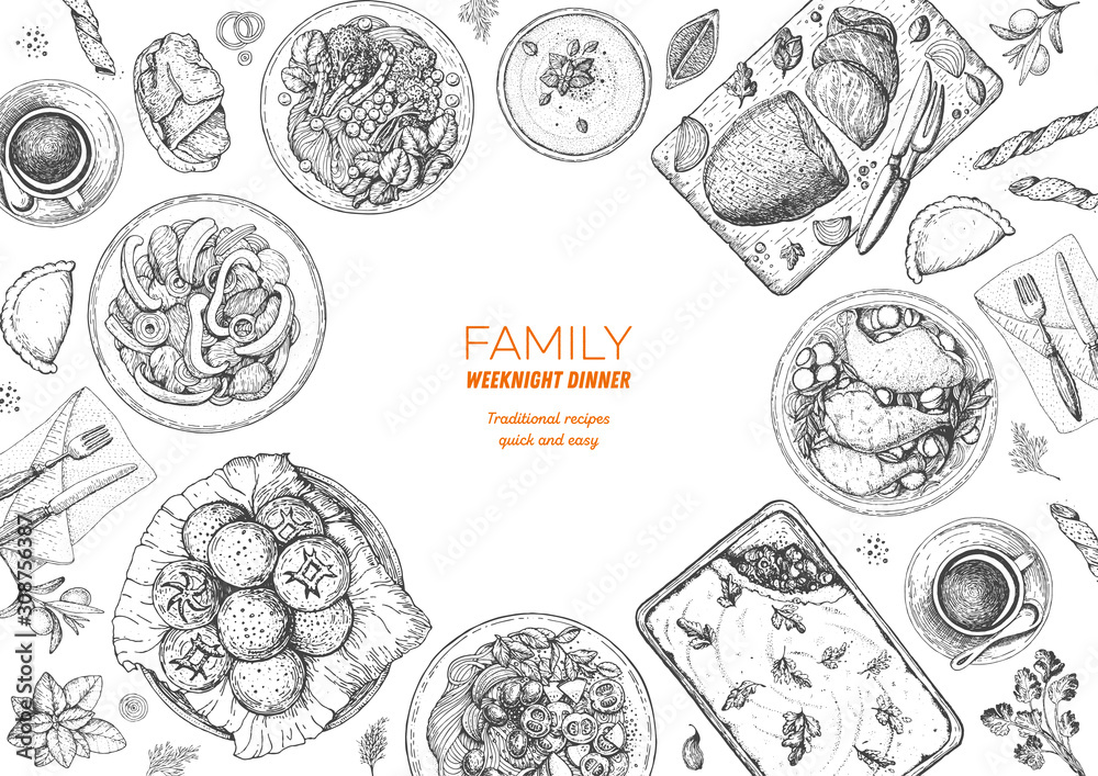 Family dinner top view, vector illustration. Friendly dinner table ...