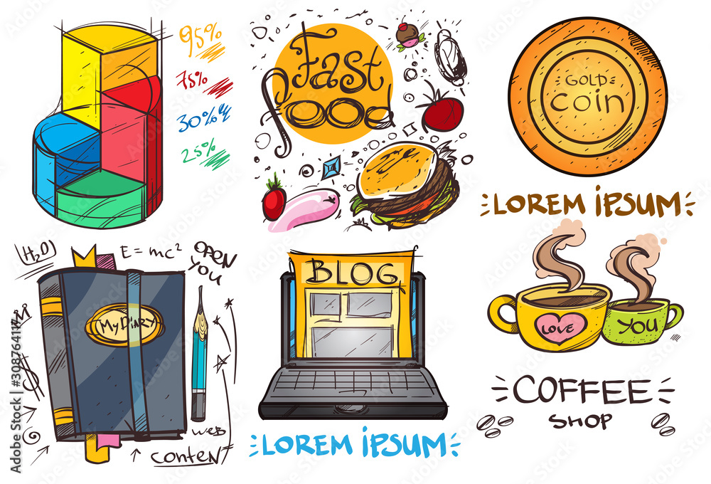 Set of social icons in hand-drawn drawing style. Sketch of various ...