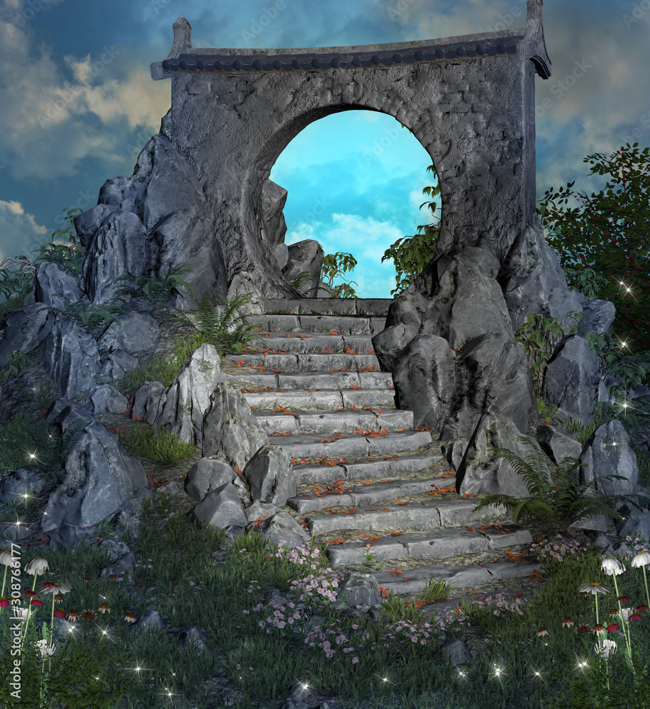 Flight of stairs leading to a magic gateway at evening time Stock ...