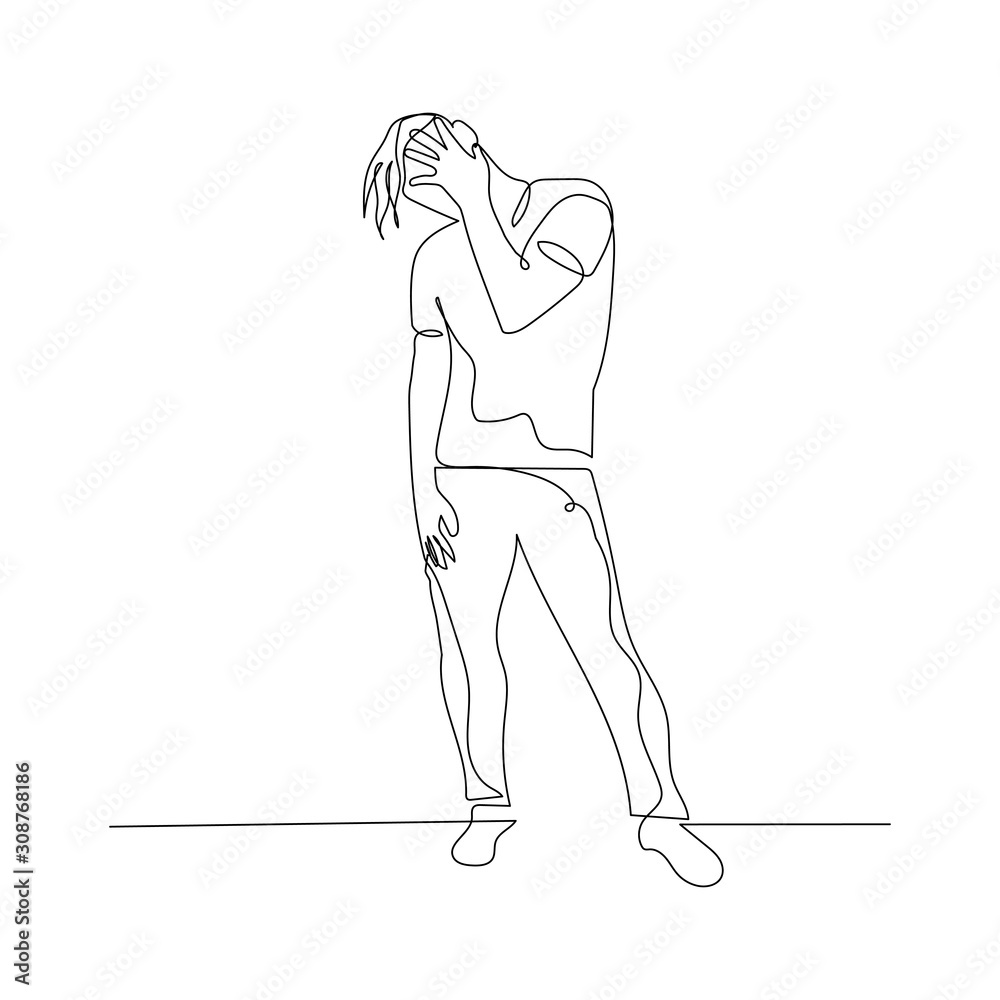 Continuous one line dancing man with hand on face. Vector illustration ...