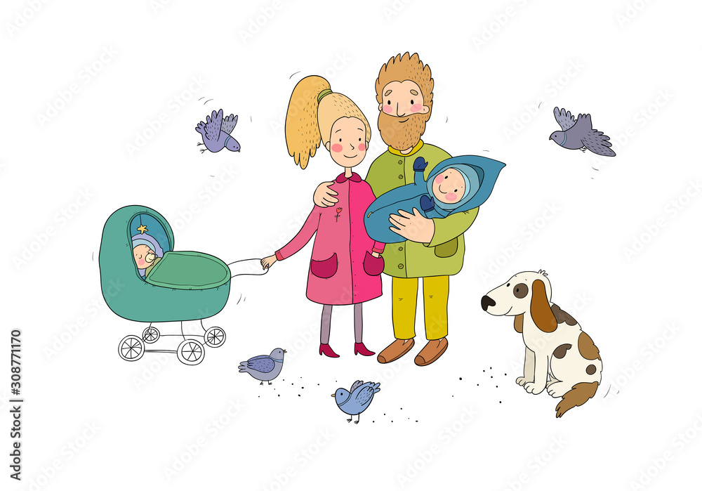 Happy Family Cartoon With Dog