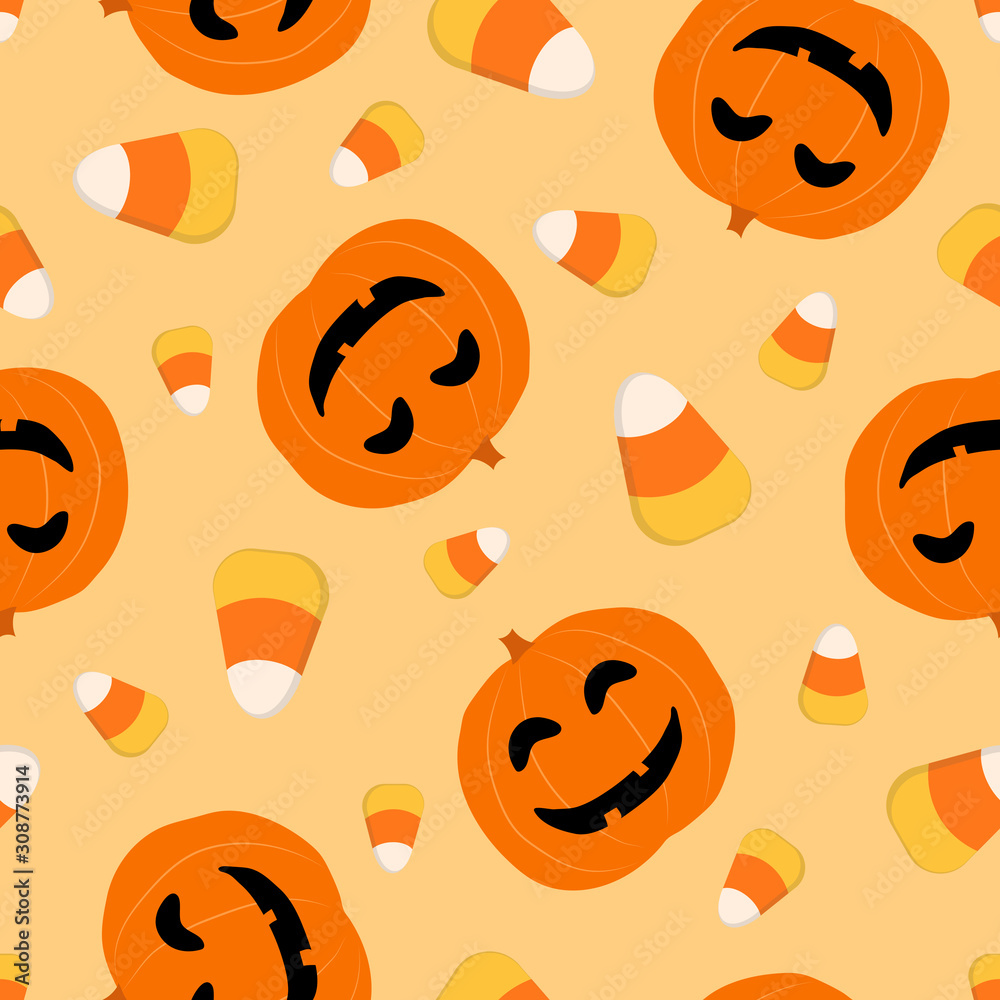 Cute Halloween pattern. Vector seamless background with smiling orange ...