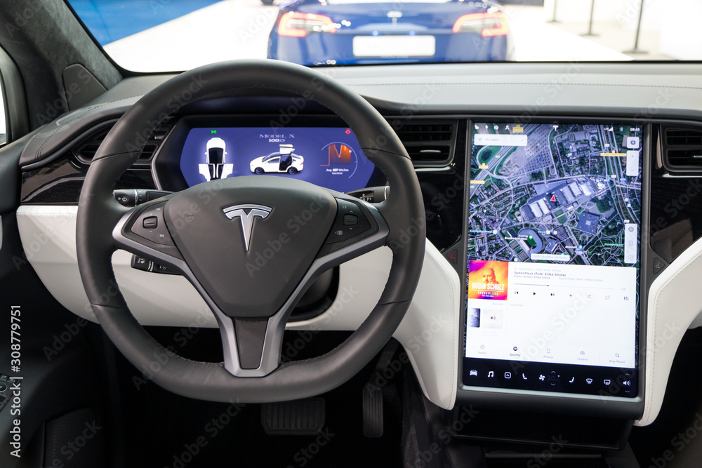 BRUSSELS - JAN 18, 2019: Interior view of the Tesla Model X luxury ...