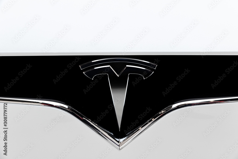 BRUSSELS - JAN 18, 2019: Tesla logo on the front of a Tesla Model X ...