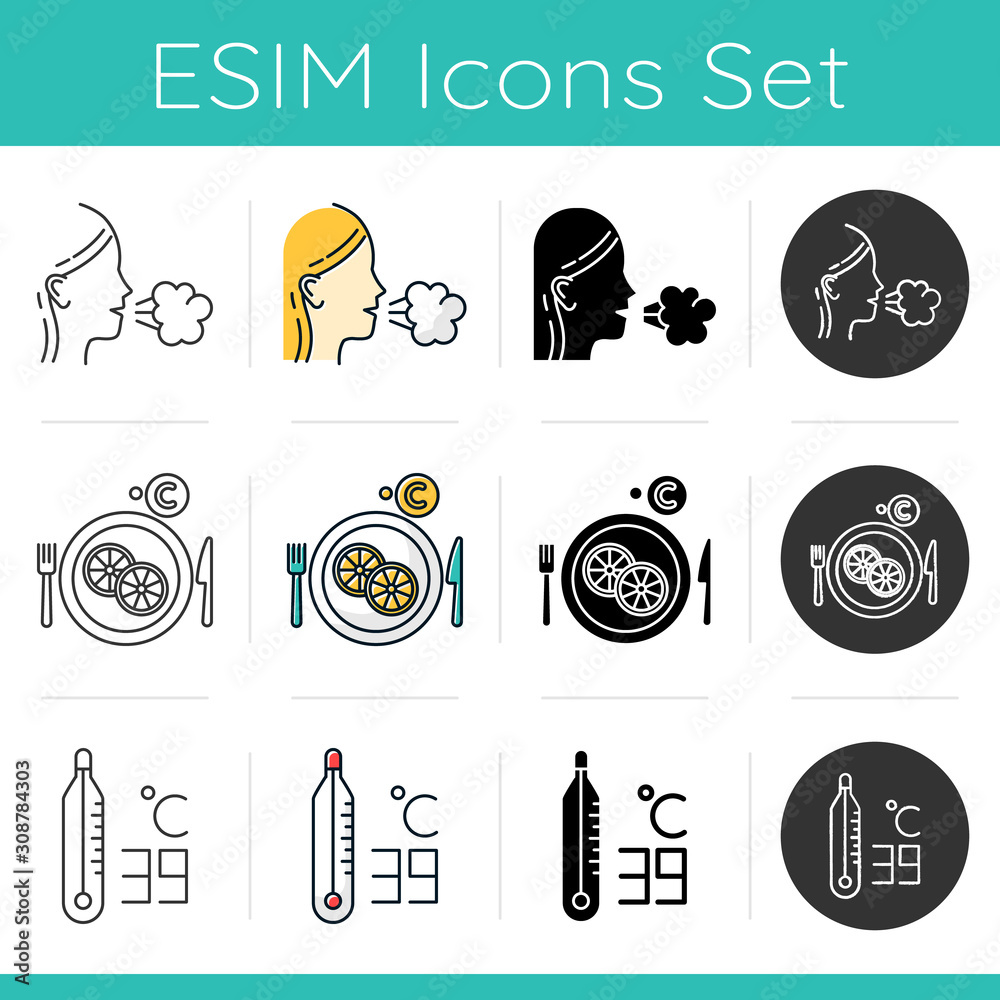 Common cold icons set. Girl coughing. Vitamin C. High temperature on ...