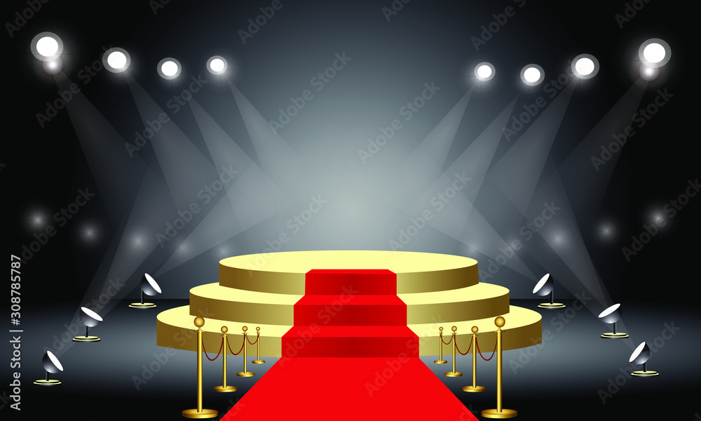 Golden round podium. Pedestal with red carpet for the award ceremony ...