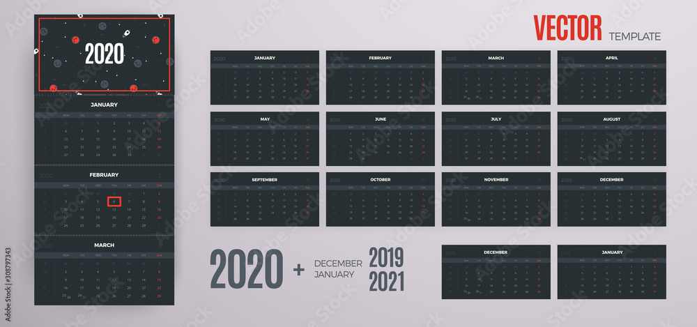 Wall Monthly 2020 Calendar vector black template Stock Vector | Adobe Stock