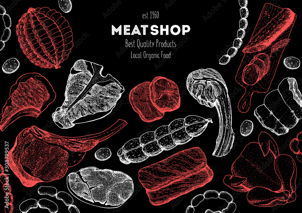 Meat products top view frame. Vector illustration. Engraved design ...