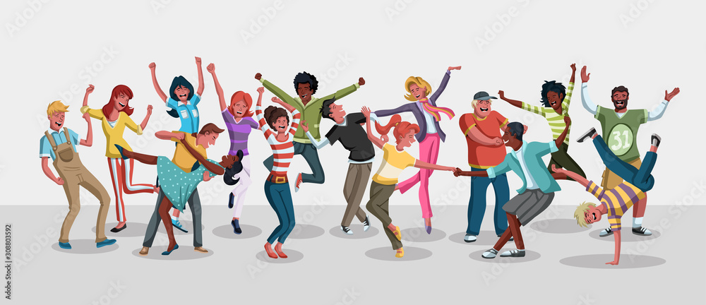 Party with happy cartoon people dancing. Stock Vector | Adobe Stock
