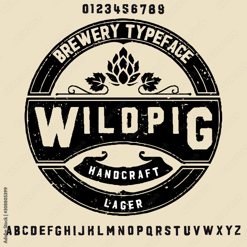" beer " typeface. Vector hand crafted font in medieval style with hops ...