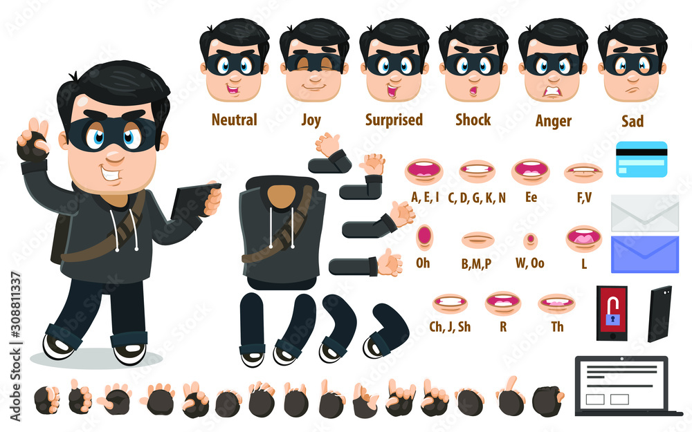 Cartoon hacker, attacker constructor for animation. Parts of body: legs ...