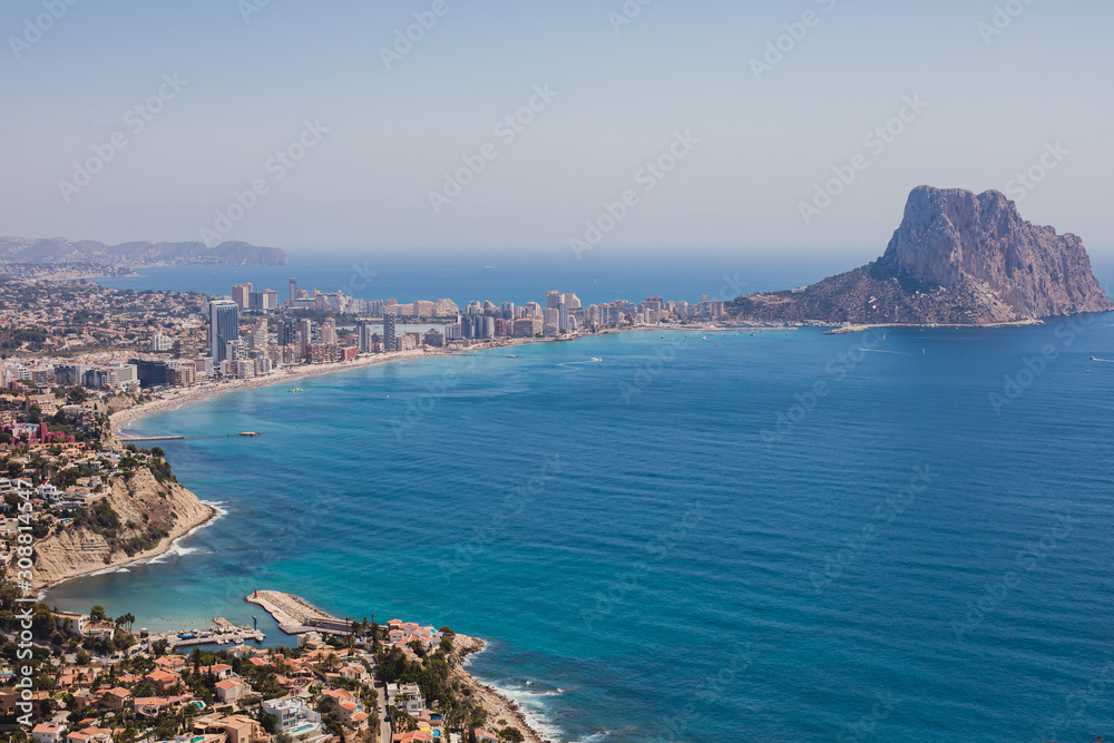 Beautiful super wide-angle aerial view of Calpe, Calp, Spain with ...