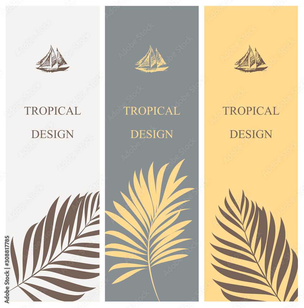 Tropical palm tree. Set of vintage bookmark posters on the theme of sea ...