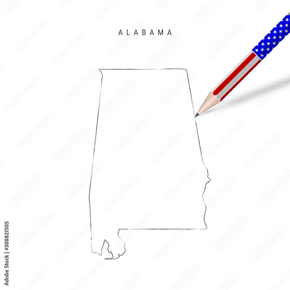 Alabama US state vector map pencil sketch. Alabama outline map with ...
