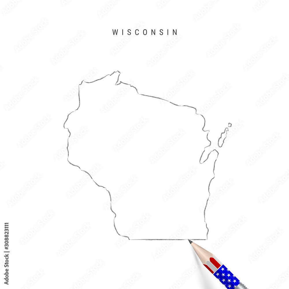 Wisconsin US state vector map pencil sketch. Wisconsin outline map with ...