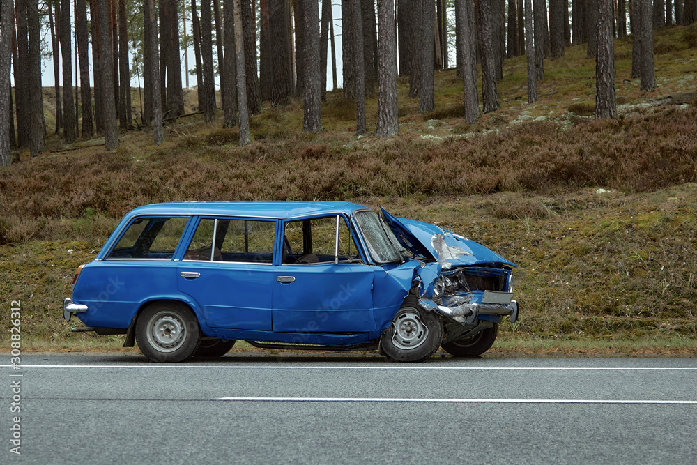 damaged old car on the highway at the scene of an accident Stock Photo ...