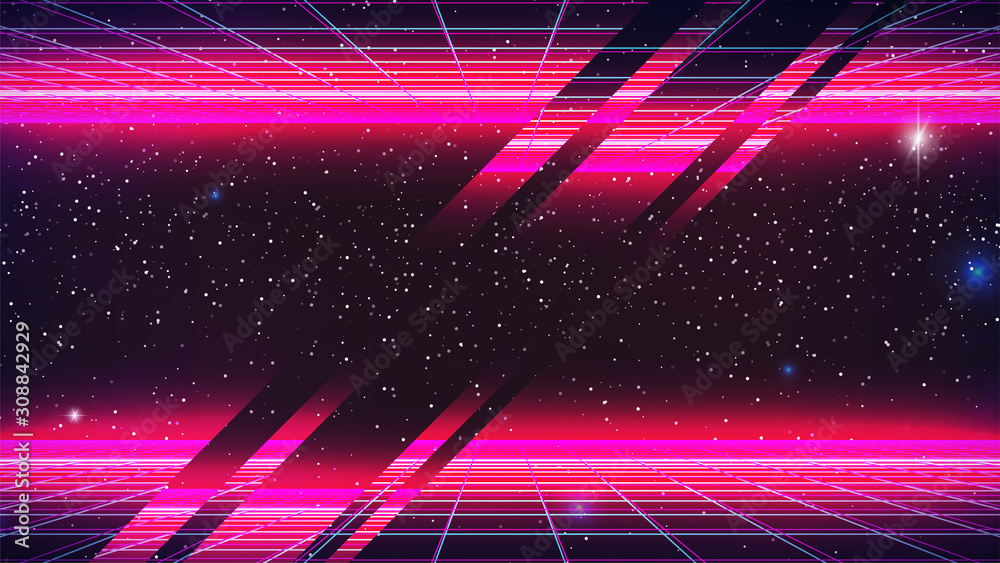 Synthwave Glitch Neon Background. Retro Future pink glowing, blue perspective Grids, starry sky ...