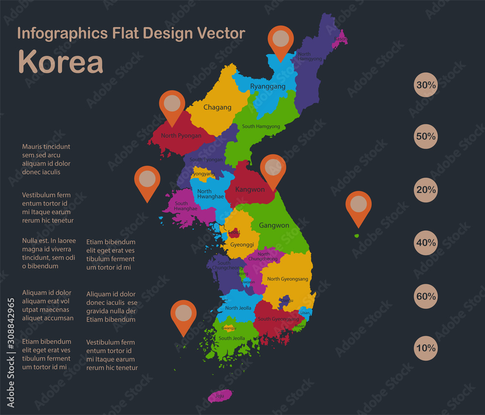 Infographics Korea Republic map, flat design colors, with names of ...