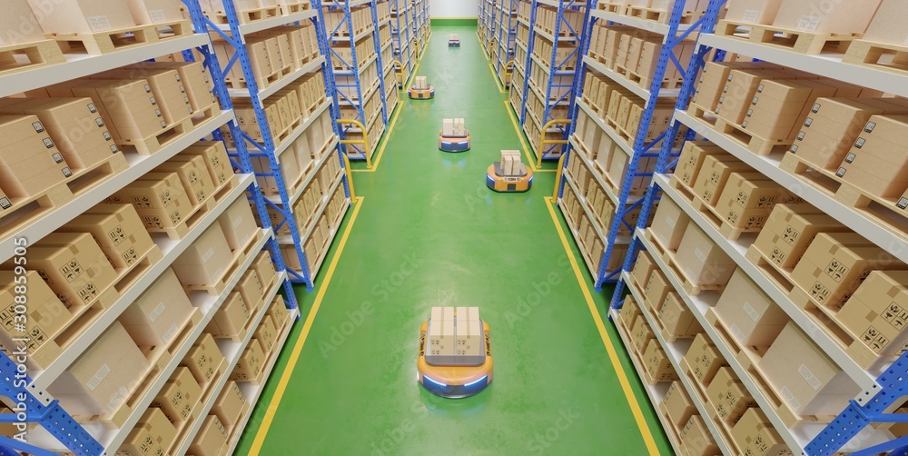 Interior of warehouse in logistic center with Automated guided vehicle ...