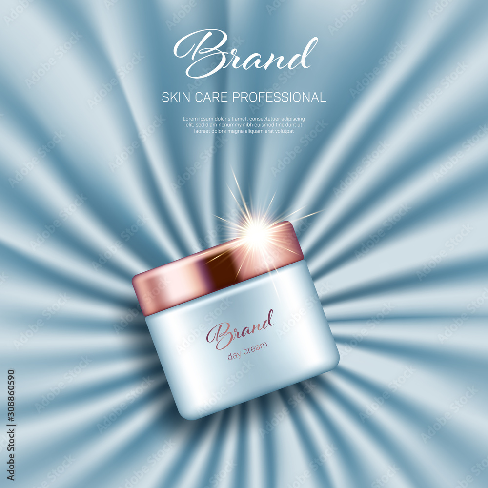 Realistic cream jar with golden lid on light blue smooth satin ...