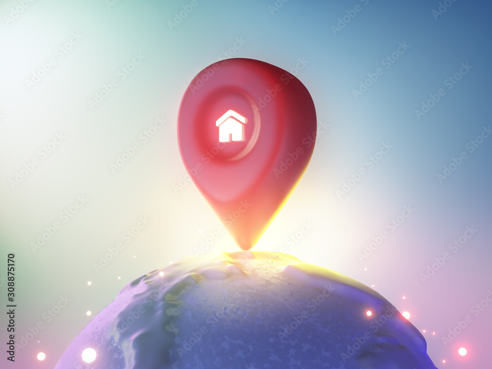 House symbol with location pin icon on earth and blue sky background in ...