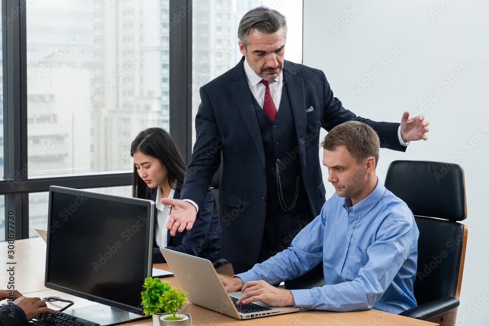 Moody boss complaining employee about mistake in workplace concept ...