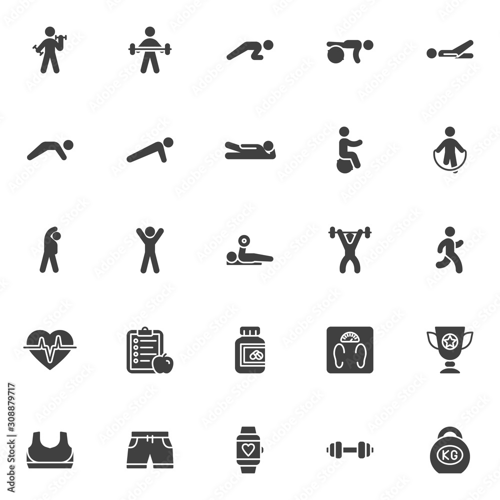 Fitness exercise vector icons set, Sport equipment modern solid symbol ...