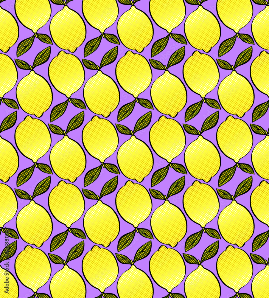 Seamless pattern with gradient yellow lemon and green leaf on pastel ...