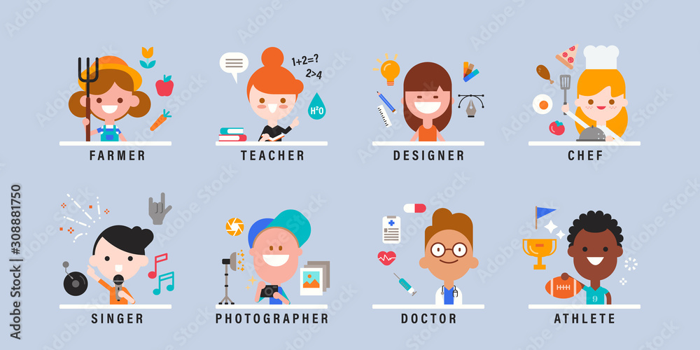 Happy kids with different professions. Smiling boys and girls in ...