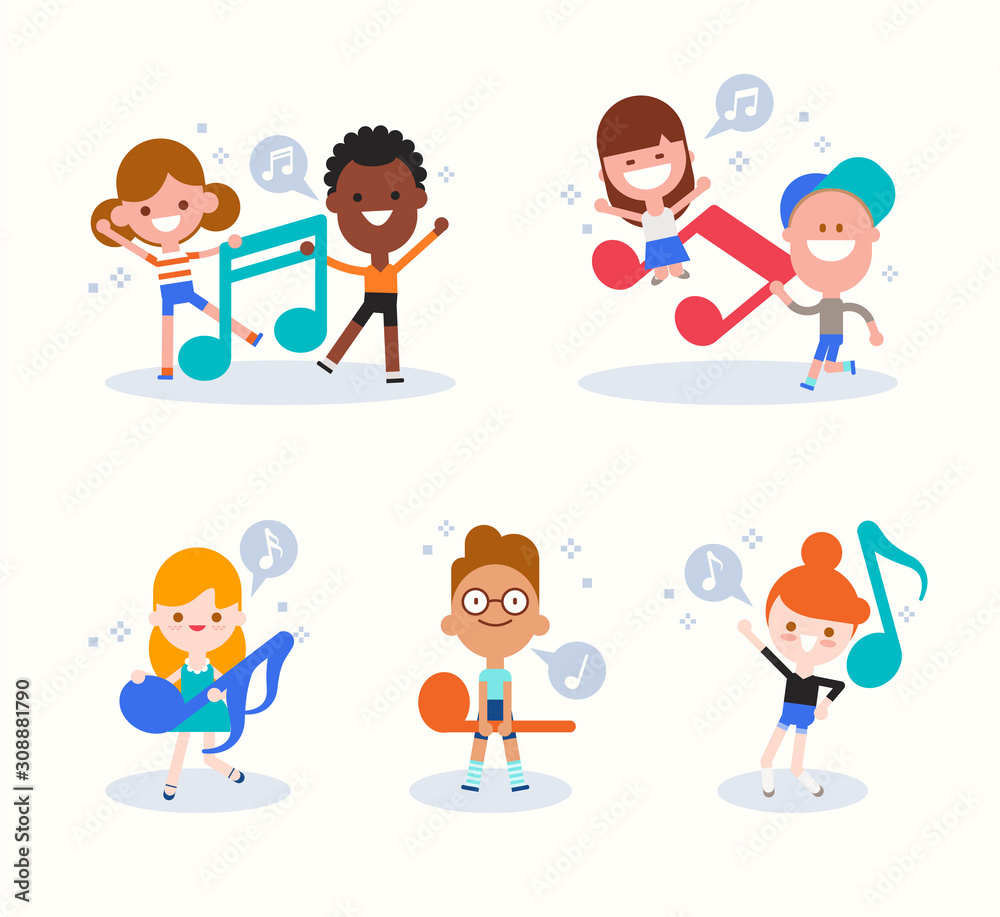 Diversity kids cartoon playing with music notes. Children with musical ...