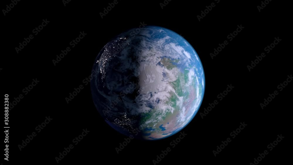 Earth in space. Camera on top of the earth, the center of the North ...