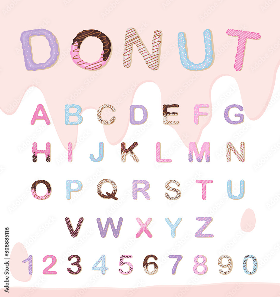Donut alphabet and numbers. Colorful donut letters topping icing and ...