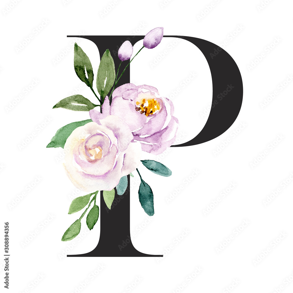 Letter p, floral alphabet with watercolor flowers and leaf. Monogram ...